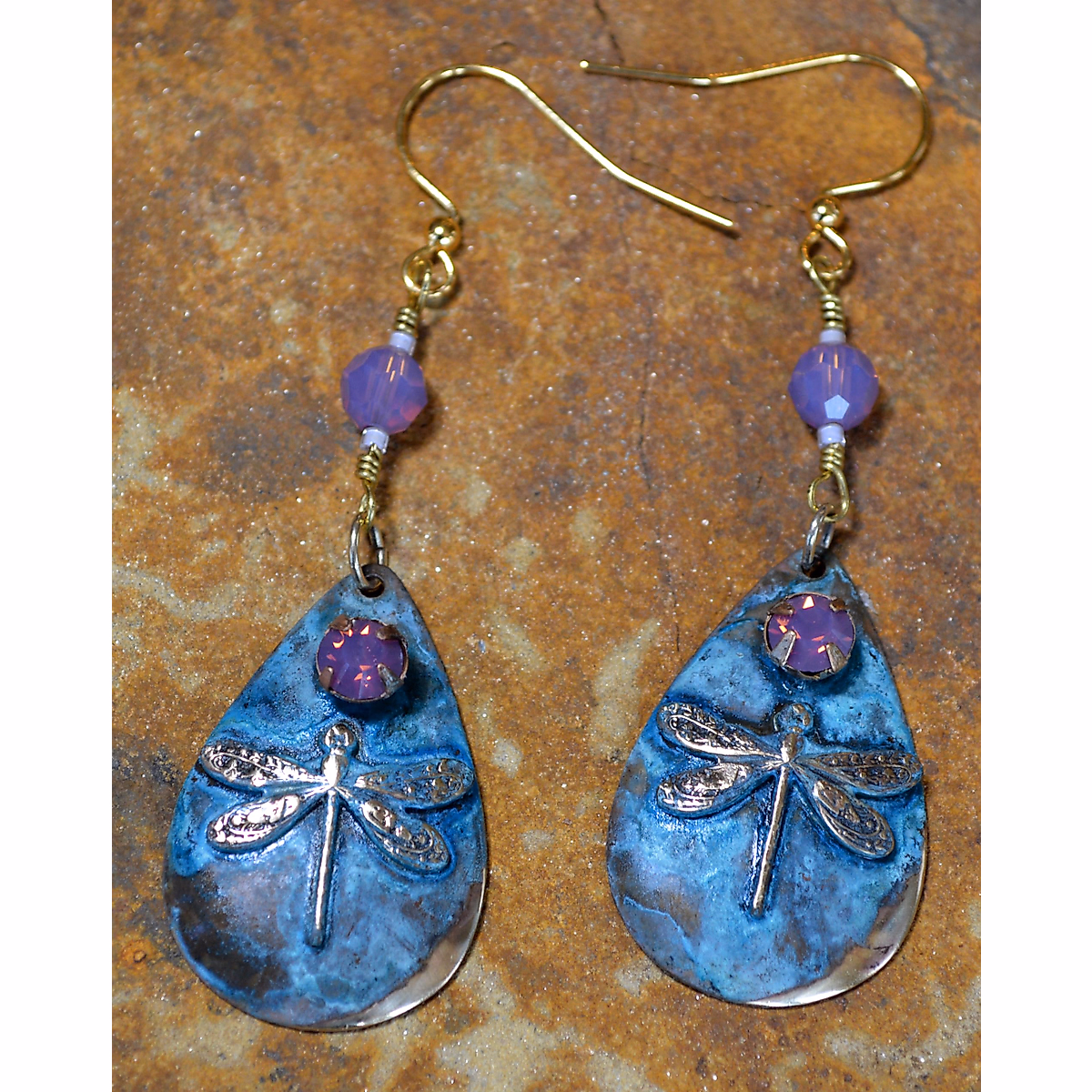 Elaine Coyne Patina Wearable Art Dragonfly Teardrop Dangle Earrings - Violette Opal Authentic Crystals