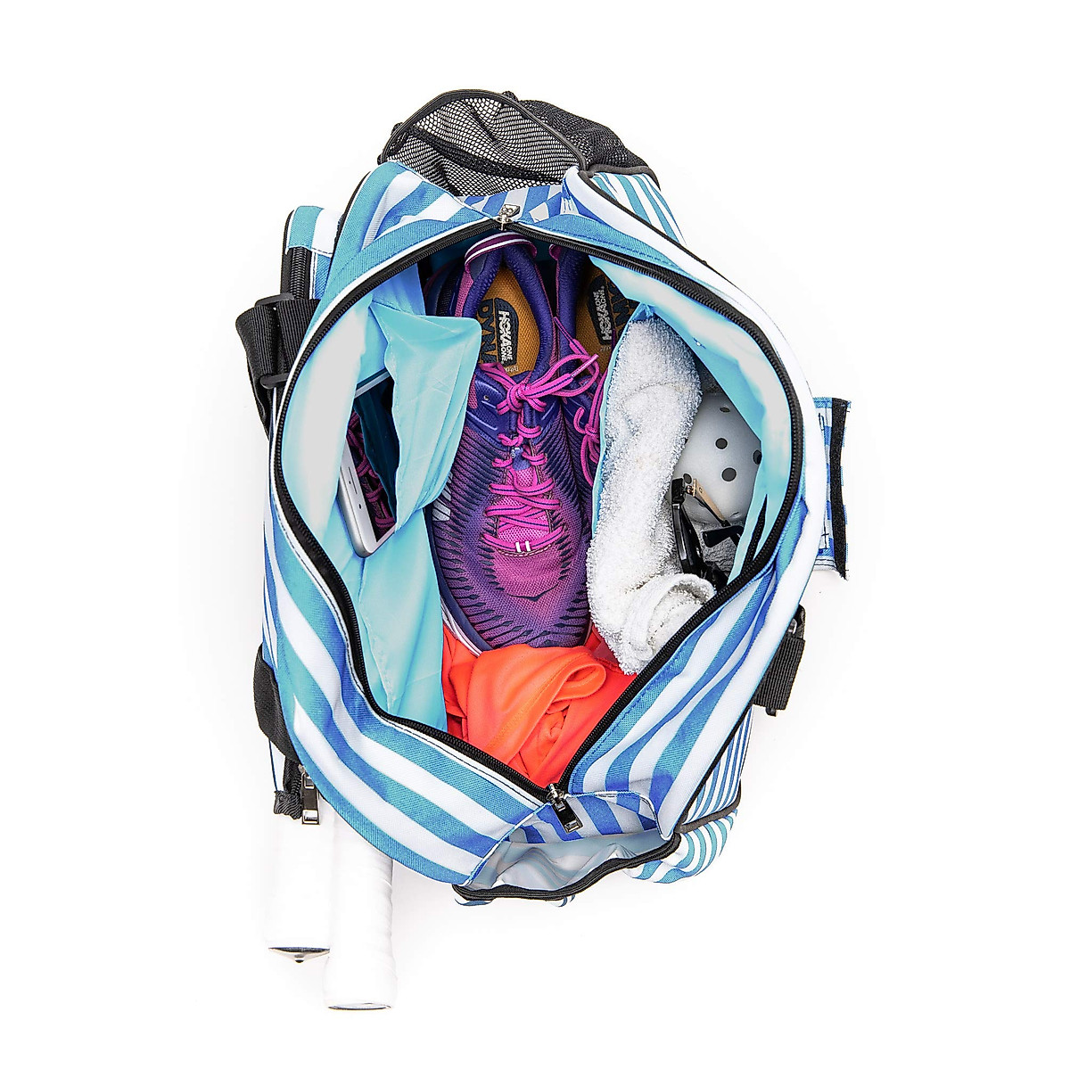 Pik’le’Ball Women's Pickleball Sport Tote Bag - Stylish, Durable Design with Paddle Pocket, Stylish Stripe Blue