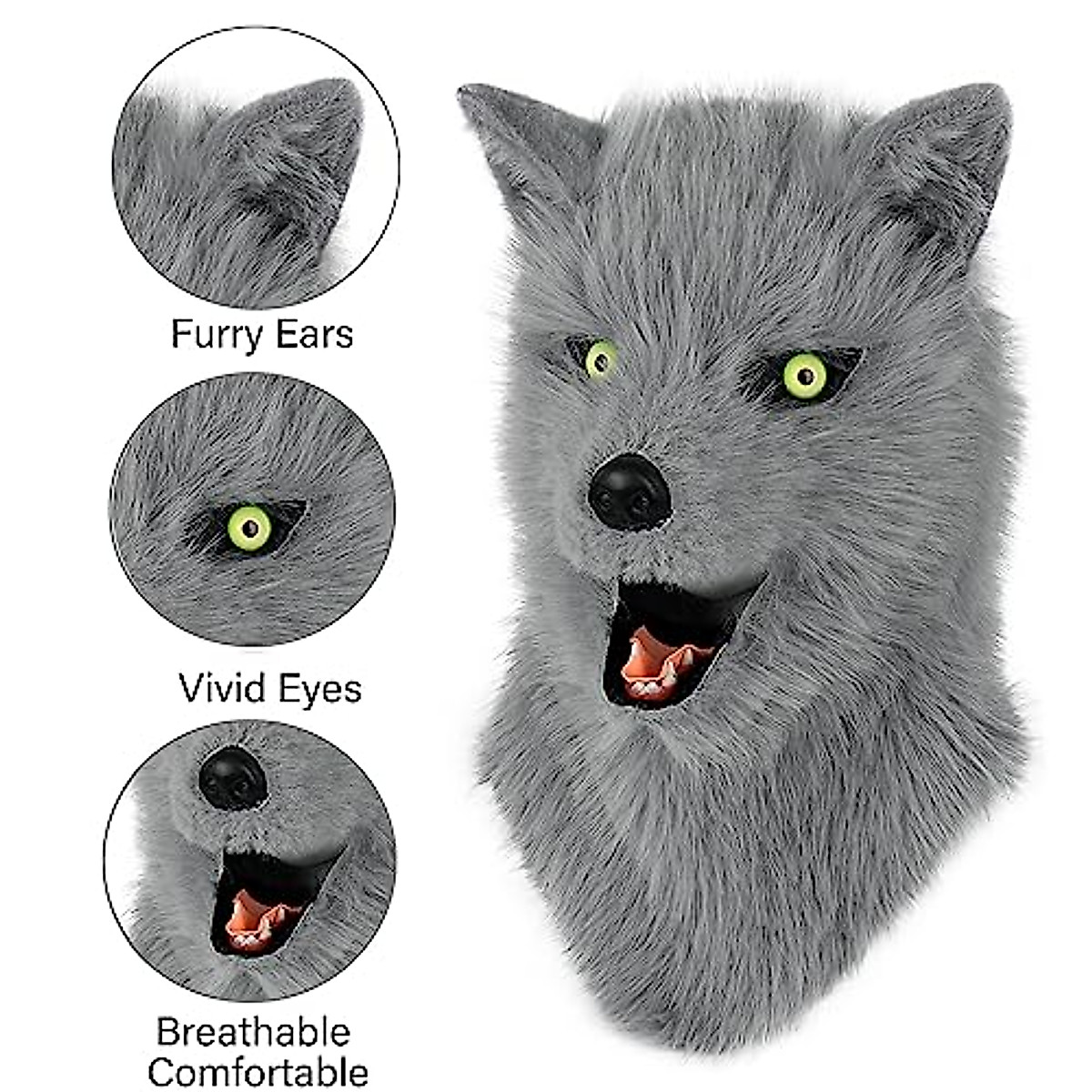 hbbhml Animal Dog Head Mask Realistic Furry Plush Tail Claw Gloves Full Wolf Masks for Halloween Party Carnival Cosplay Gray