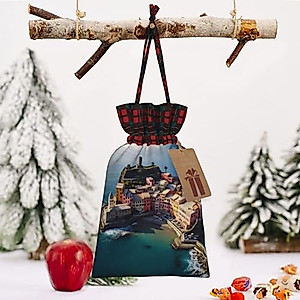 Christmas Gift Bags with Drawstring Burlap Gift Bags Aerial View of Vernazza Christmas Linen Bags for Xmas Party Candy Bags with Cards Xmas Reusable Wrapping Bags Christmas Linen Treat Bags for Holiday