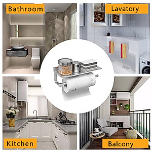 BESy Adhesive Paper Towel Holder Wall Mounted for Kitchen 13 in, Bathroom Tissue Roll Hanger with Storage Shelf, Space Aluminum, Self Adhesive with Glue or Wall Mount with Screws, Dull Polished Silver