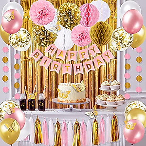 Pink and Gold Birthday Party Decorations for Women with Happy Birthday Banner,Curtains, Butterfly Wall,Circle Dots Garland,Tissue Pompoms,Paper Tassels Garland Birthday for Her
