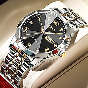 OLEVS Men Watches Business Dress Diamond Analog Quartz Date Luxury Wrist Watch Black Casual Stainless Steel Waterproof Luminous Two Tone Watch for Men