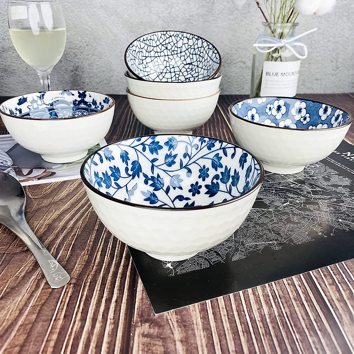 Kithing Ceramic Bowls, 10oz,this blue and white patterned bowls are used for ice cream, desserts, salads Set of 6 (F 4.5in)