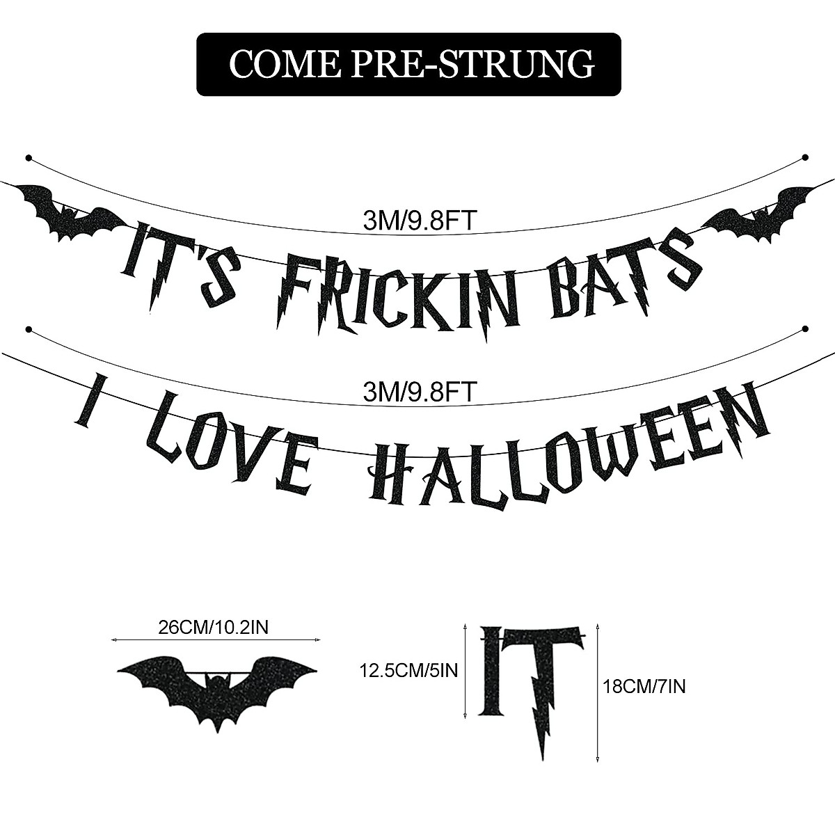 CAVLA Glitter It's Frickin Bats I Love Halloween Banner Black Glittery Halloween Garland Banner with Bat Signs Happy Halloween Party Decorations for Haunted Houses Home Wall Fireplace Party Supplies