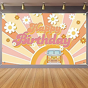 Groovy Retro Hippie Boho Girl Happy Birthday Party Backdrop Daisy Flower Groovy Sign Photography Background Wall Decor Hippie Themed Birthday Party Decoration Supplies for Boho Birthday Party
