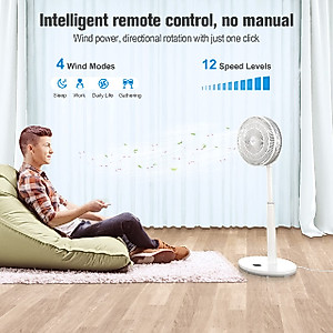 Housmile Oscillating Fan, 12 inch Quiet Standing Fan, Adjustable Height 3 Wind Modes 12 Speed and 9-Hour Timer Floor Fan with Remote, Pedestal Fan for Home Bedroom