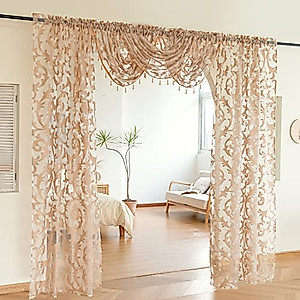 NAPEARL Swag Valance for Windows-Beige Organza Sheer Waterfall Valance, Elegant Beaded Valance Curtain for Bathroom, Kitchen, Small Windows (1 Valance, 57 x 37 Inch)