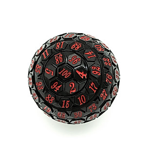 Poludie 100 Sided Polyhedral Dice, Single D100 Game Dice, 100 Sided Cube with Black Pouch, D100 die 48 mm (Black with Red Number)