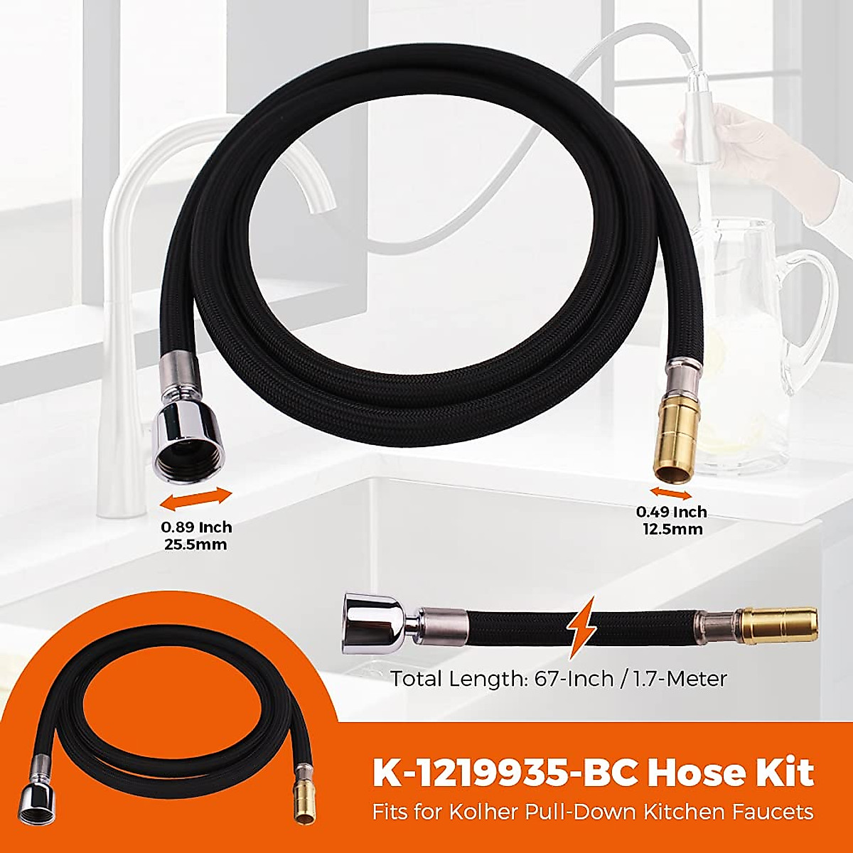 K-1219935-BC Hose Kit for Kohler Pull-Down Kitchen Faucet, 67-Inch Bright Chrome Finish Kohler Pull-Out Kitchen Faucet Hose Replacemnet Part K-1304674-BC