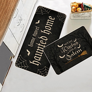 GAGEC Halloween Kitchen Mat Set of 2, No All Witch Live in Salem Kitchen Rug, Bat Broom Halloween Farmhouse Party Floor Mat for Home Kitchen Decorations - 17x27 and 17x47 Inch