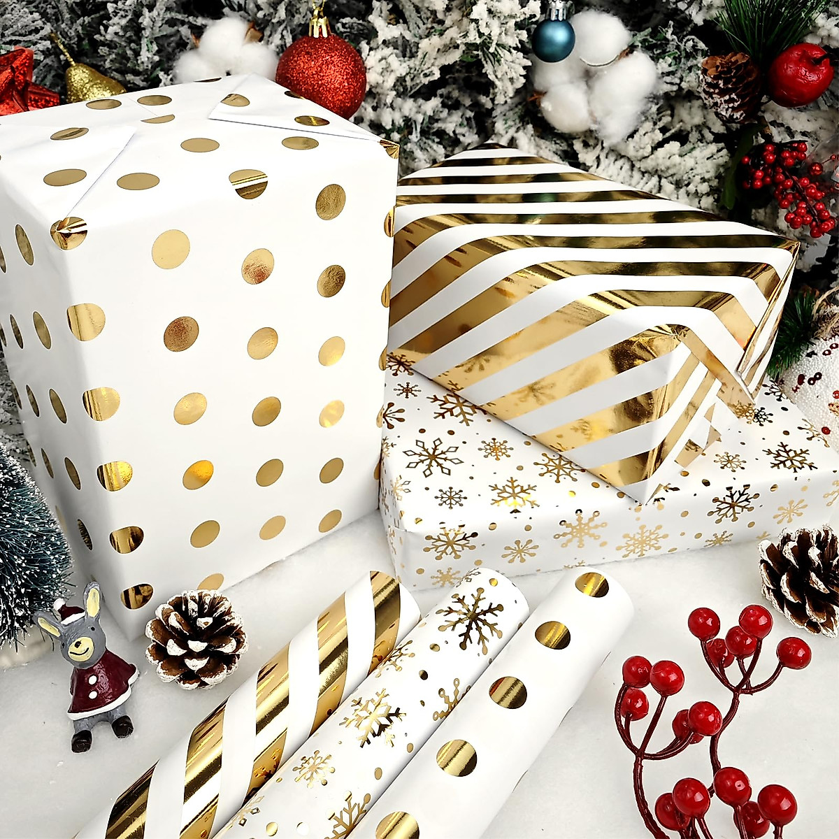 LDGOOAEL Mini Short Small Christmas Wrapping Paper Roll (17" X 120") - Gold Foil Snowflakes Stripe Polka Dot Design for Holiday, Birthday