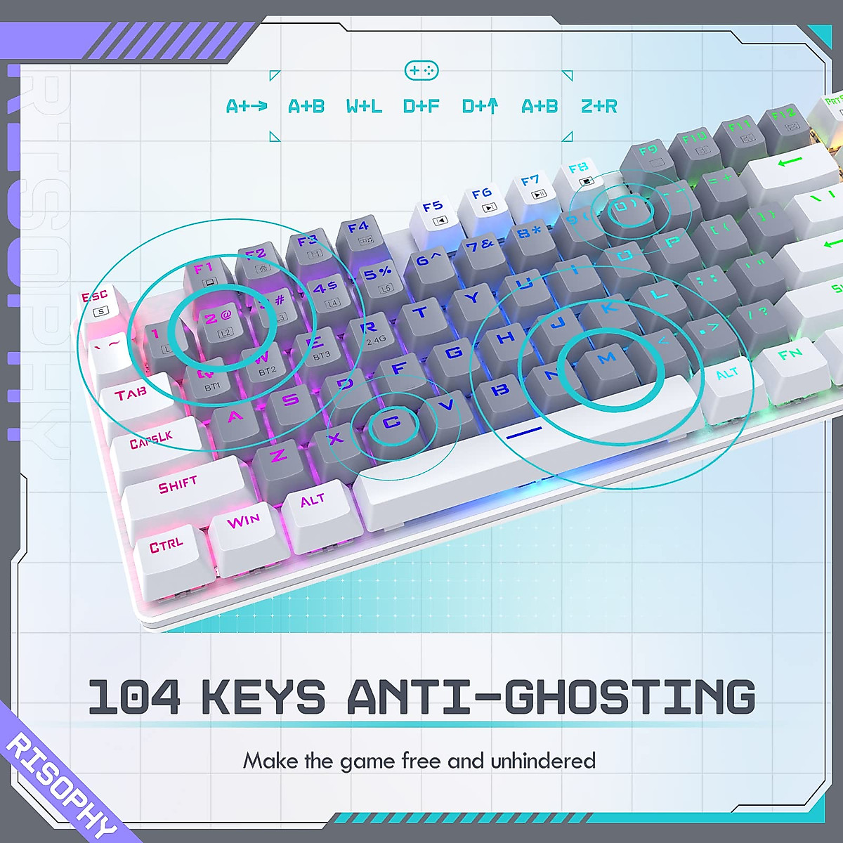 104-Key RGB Backlit Mechanical Gaming Keyboard - 2.4G/USB-C/Bluetooth, Programmable, PBT Keycaps, Rechargeable