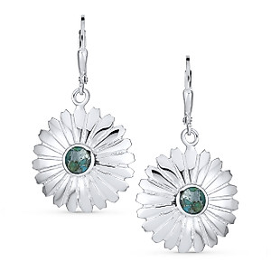 Native American South Western Concho Carved Petal Flower Blossom Blue Turquoise Lever Back Dangle Earrings Women .925 Sterling Silver
