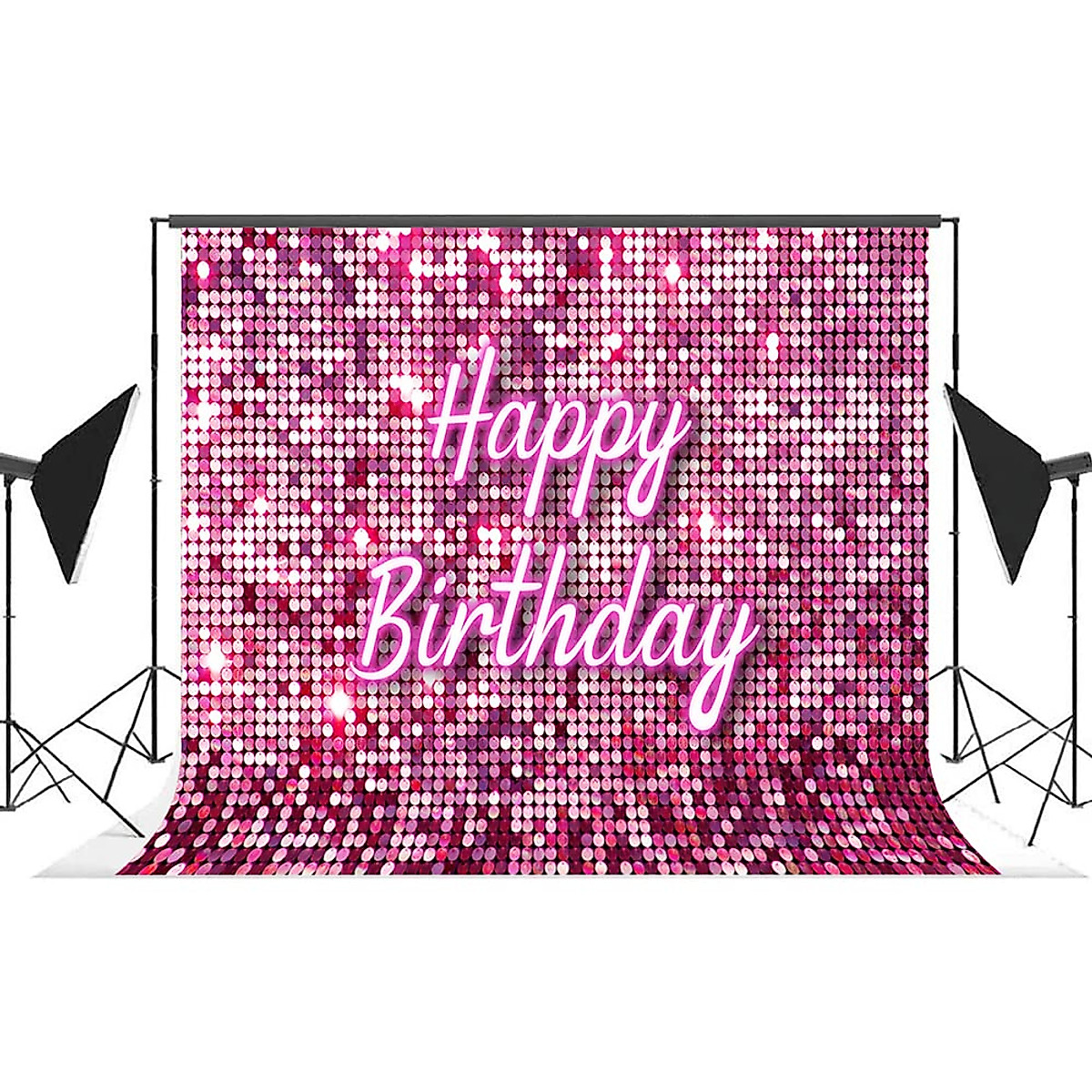 Lofaris Pink Flash Square Backdrop for Photography Happy Birthday Shinning Sequin Wall Panels Shimmer Wall Sweet 16 Girl Woman 20th 30th 40th Party Background Decorations Photo Studio Props 7x5ft