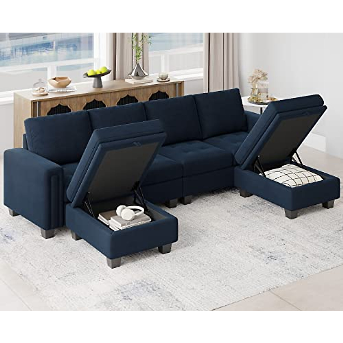 Belffin Velvet U Shaped Sectional Sofa Couch with Storage Ottoman Convertibel Sectional Sofa with Reversible Chaises Blue