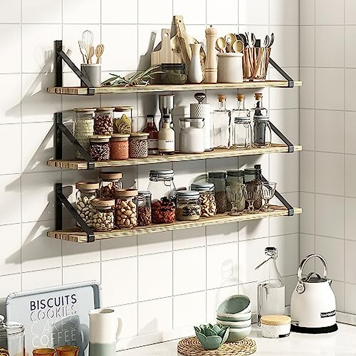 Fixwal Floating Shelves, 36 Inch Wall Bookshelf Set of 3, Large Floating Book Shelves for Wall Decor, Rustic Wood Wall Storage Shelves for Bedroom, Living Room, Kitchen, Bathroom (Carbonized Black)