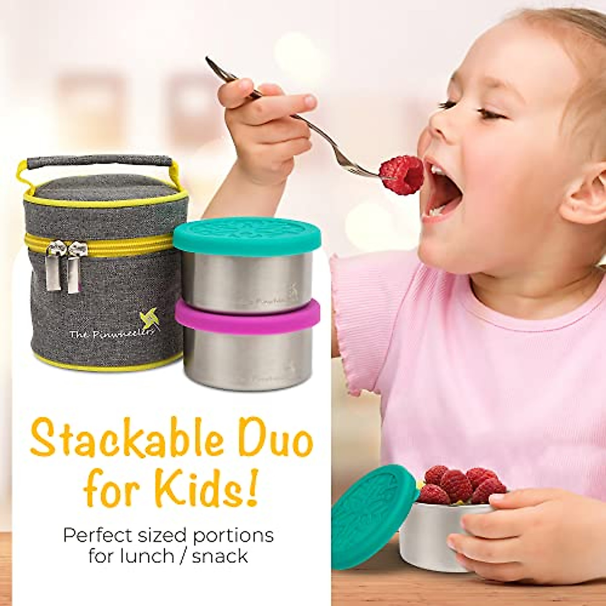 The Pinwheelers - 2 Storage Containers With Lids + 1 Insulated Bag, Food Storage Container for Mini Food, Adults & Kids Snack Container for Christmas Cookies/Christmas Candy, 220 mL, Yellow Gray Bag