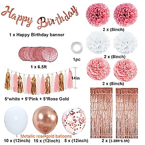 Rose Gold Pink Birthday Party Decorations, Happy Birthday Banner, Rose Gold Party Decorations for Women, 2PCS Fringe Curtains, Paper Tassels Garland, Circle Dots Garland for Women Girls Birthday Decorations