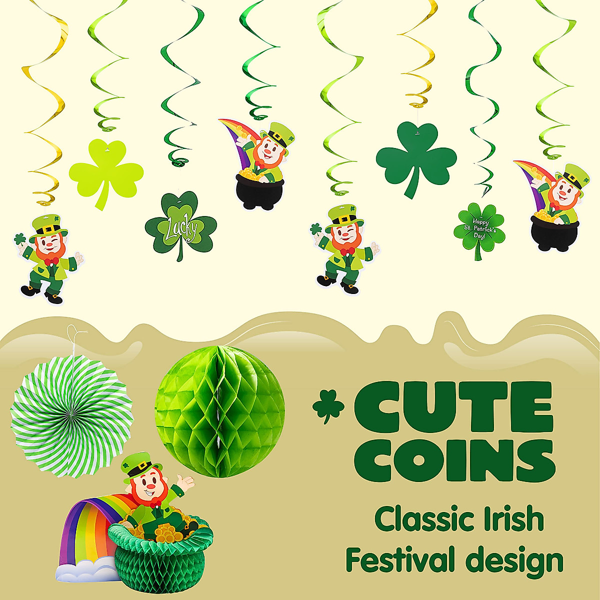 JOYIN St. Patrick's Day Colorful Foil Hanging Swirls with Lucky Irish Green Shamrock and Leprechauns Saint Patricks Pot-O-Gold Centerpiece Tissue St Patricks Poms Party Decorations