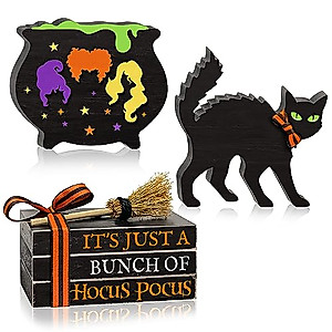 5PCS Halloween Wooden Signs Hocus Pocus, Decorative Wooden Faux Books Stack Black Cat Wood Table Signs, Cauldron Witches Sisters Halloween Tiered Tray Decor for Halloween Party Home Decorations
