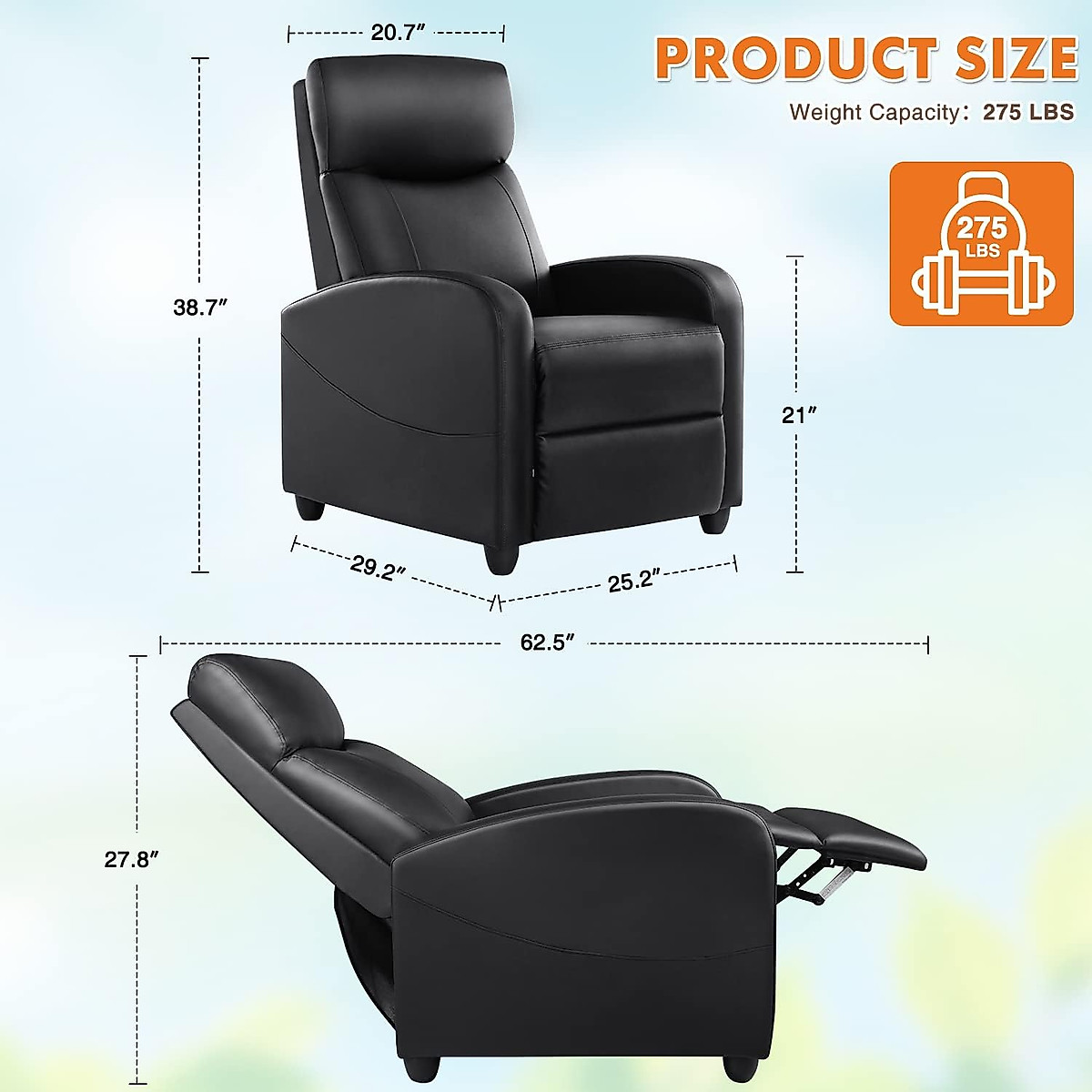 Sweetcrispy Living Room PU Leather Massage Winback Single Sofa Home Theater Adjustable Modern Reclining Chair with Padded Seat Backrest for Adults（Dark Black）