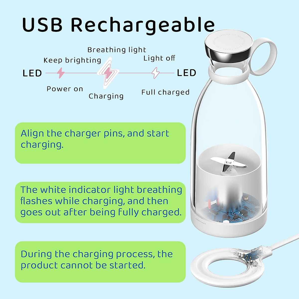 Asa Vea Mini Blender for Smoothies and Milkshakes, Portable Blender, Rechargeable, Personal Size Blender with Quota Outer Travel Lid with 4 Blades, 11 oz for Outdoors, Camping (White)