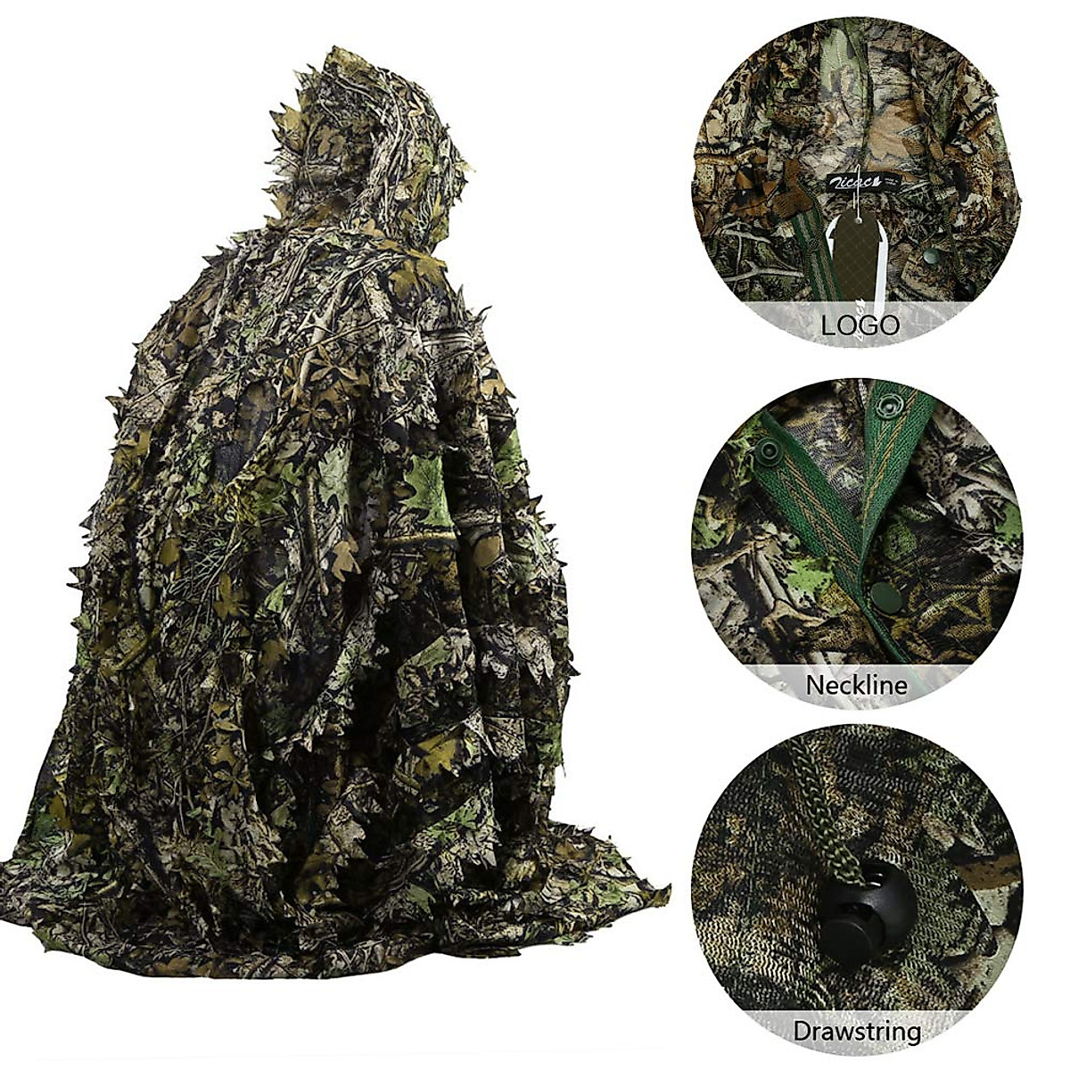 Zicac Outdoor 3D Leaves Camouflage Ghillie Poncho Camo Cape Cloak Stealth Ghillie Suit Military CS Woodland Hunting Poncho