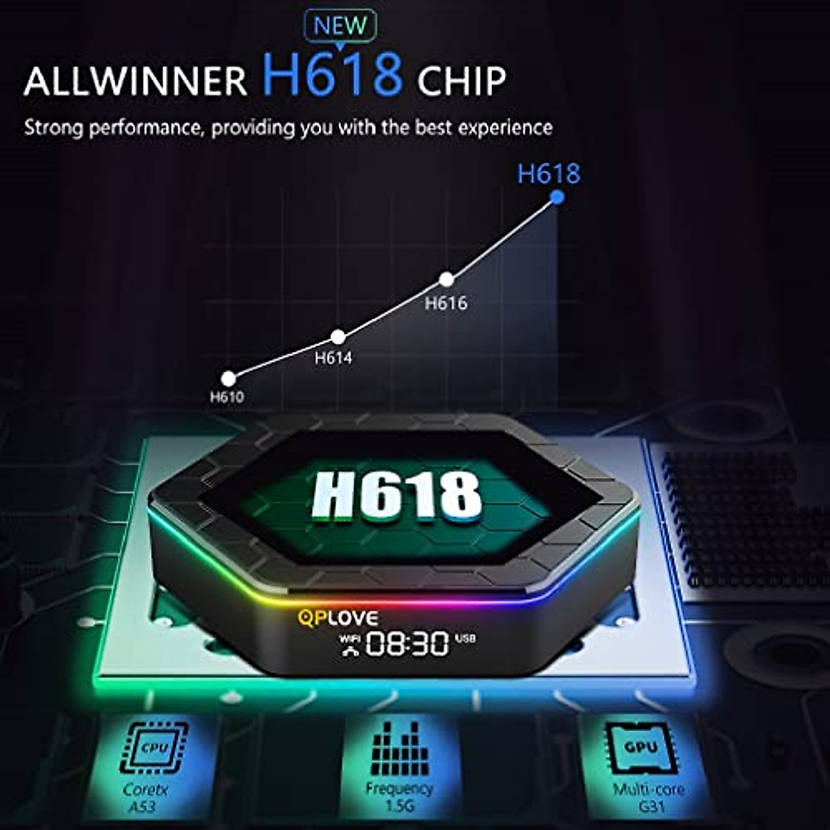 Android TV Box, 4GB RAM 32GB ROM QPLOVE Q18 Boxed TV Android H618 Quad Core Cortex-A53 CPU Mali-G31 GPU 2.4G/5G Dual Band WiFi6 BT5.0 6K 3D HDR10 H265 Smart TV Box