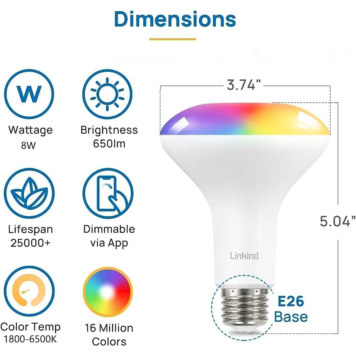Linkind BR30 Smart Light Bulbs, WiFi Flood Light Bulbs Compatible with Alexa & Google Home, RGBTW Color Changing Light Bulb, 1800K-6500K Tunable White, E26 8W Equivalent 60W, 2.4Ghz WiFi only, 4 Pack