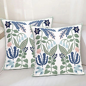 Pilmandu Pack of 2 Embroidered Decorative Throw Pillow Cover 18x18 Inch Farmhouse Floral Pillowcase for Living Room Sofa Bed (Bird Flower) (W-45444)