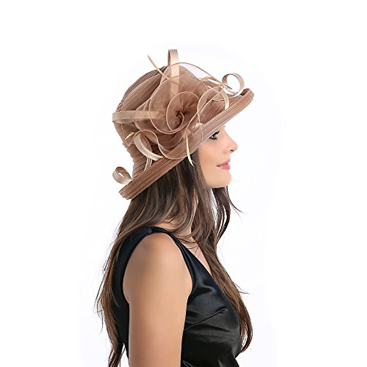 DANTIYA Lady's Organza Wide Brim Bowler Hat Kentucky Derby Church Dress Sun Hat, Coffee, Free