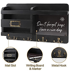 Kanmart Key Hooks for Wall Decorative: Retro Key Hanger with 4 Key Holders, Mail Organizer with Mail Slot, Side Hooks, Magnetic Blackboard & Marker, Black, KM-H01