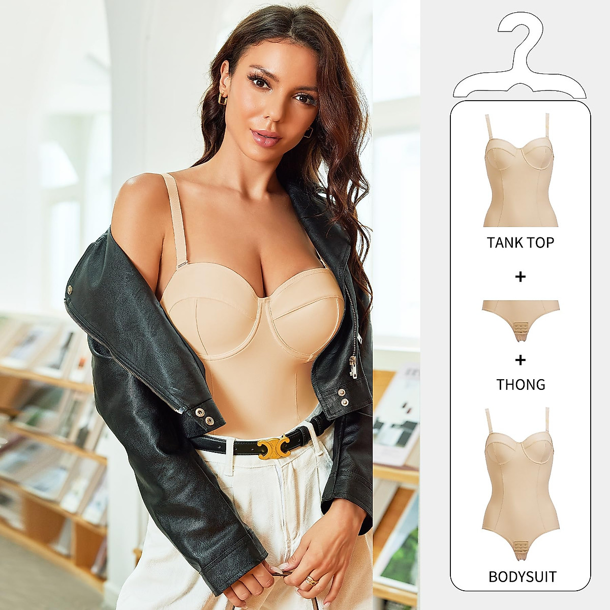 BRABIC Shapewear Bodysuit for Women Tummy Control Low Back Body Shaper Cupped Sleeveless Tank Tops Fajas (Medium, Beige)