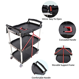 3 Tier Folding Rolling Utility Cart with Wheels, Multi-Functional Plastic Restaurant Cart, Portable Collapsible Utility Service Cart for Home, Warehouse
