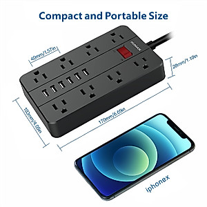 Power Strip with 6 USB,HUNIAN 5 Ft Extension Cord Flat Plug with 8 Widely Spaced Outlets Overload Protection Indoor Desk Charging Station Surge Protector for Home and Office Accessories, Black