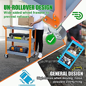 HPDMC 3-Tier Utility Cart 1000lbs Capacity Heavy Duty Metal Service Cart with Wheels, Rolling Tool Cart on Wheels, Garage Tool Push Cart for Mechanic, Garage, Workshop, Warehouse, Office