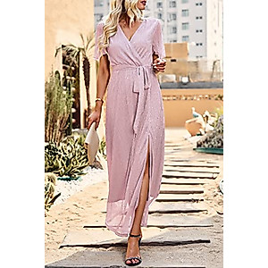 PRETTYGARDEN Women's Summer Maxi Glitter Dress Wrap V Neck Ruffle Sleeve Cocktail Party Long Dresses with Slit (Pink,X-Large)