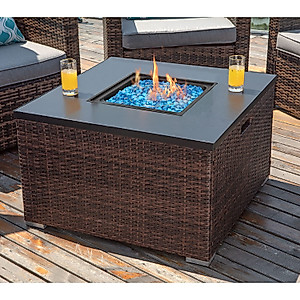 COSIEST Outdoor Propane Fire Pit 32-inch Square Espresso Brown Wicker Fire Table, 40,000 BTU Stainless Steel Burner, Fits 20lb Tank Outside, Aqua Blue Fire Glass and Cover