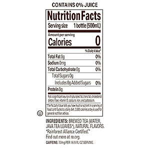 Tejava Unsweetened Peach Iced Tea, 16.9 Ounce PET Bottles, Natural, Non-GMO-Verified, Rainforest Alliance-Certified (12 Pack)