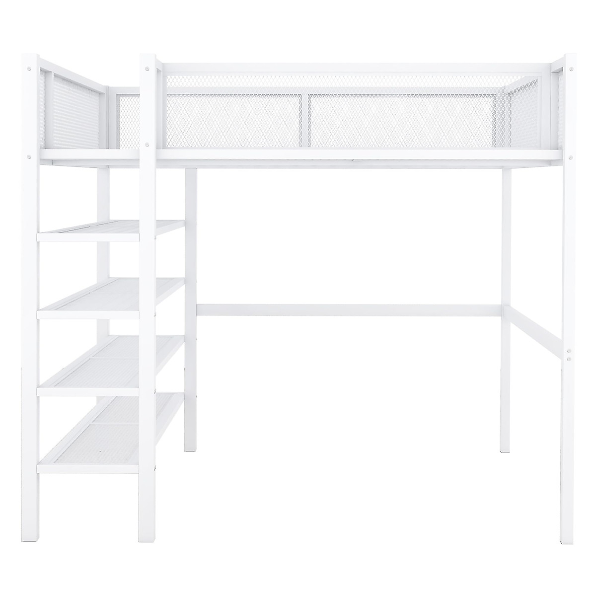Bellemave Full Size Loft Bed with 4-Tier Shelves and Storage, Metal Loft Bed with Bookshelf, Full Size Loft Bed with Storage Stairs(White)
