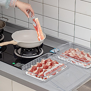 2 Pcs Bacon Storage Container for Refrigerator with Tong, Bacon Deli Meat Storage Container with Perforated Tray for Freshness, Clear Plastic Meat Saver for Fridge Food