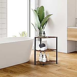 SHINOSKE 3-Tier Corner Shelf, Multipurpose Storage Cabinet Organizer Rack Stand, Wood Storage Stand with Metal Frame,Plant Stand for Living Room, Home Office, Kitchen, Small Space,Brown