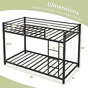 Giantex Metal Bunk Bed Twin Over Twin, Low Profile Bunk Bed Frame with Ladder & Full Length Guardrail, Space-Saving Twin Size Bed Frame for Kids Teens, No Box Spring Needed, Black