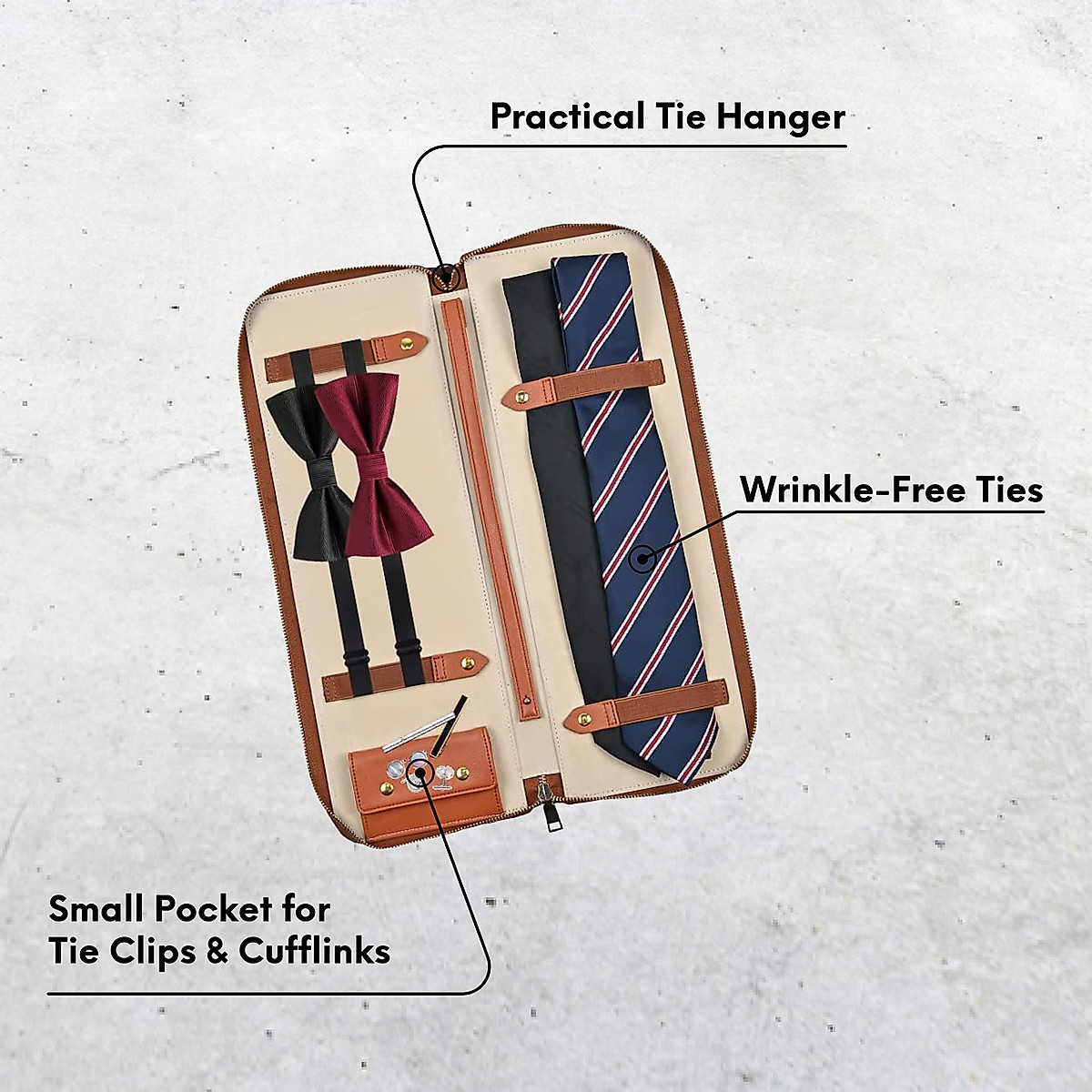 UTILE Tie PU Leather Storage Case for Travel – Holder for Mens Ties, Necktie, Bow Tie, Tie Bar and Cufflinks (17.3 x 6.7 x 1.6 Inches) (Brown, 1 Unit)