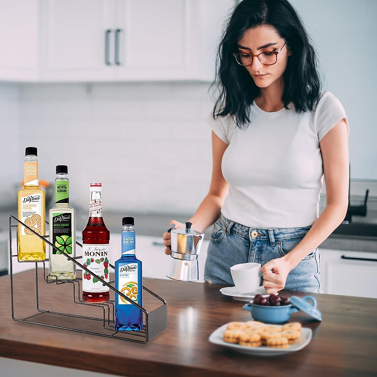 Bsenogou Coffee Syrup Rack for Coffee Bar Accessories, Coffee Bar Organizer Holds 4 Bottles, Kitchen Coffee Bar Wine Sugar Dressing Display Stand Rack