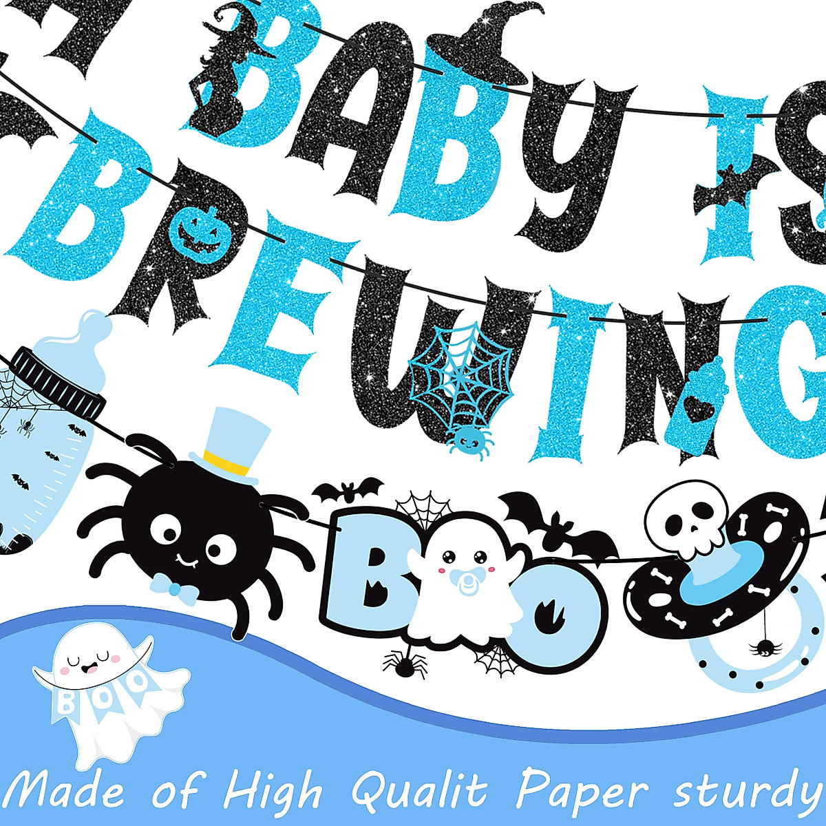 Halloween A Baby Is Brewing Banner Halloween Baby Shower Party Decorations 3pcs Blue and Black A Baby Is Brewing Banners for Boy Halloween Party Spooky Ghost Boo Theme Party Pumpkin Bat Witch Theme Baby Shower Supplies