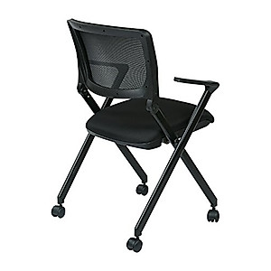 Office Star FC Series 2-Pack Folding Nesting Chairs with Breathable Mesh and Padded Fabric Seat, Icon Black with Black Frame