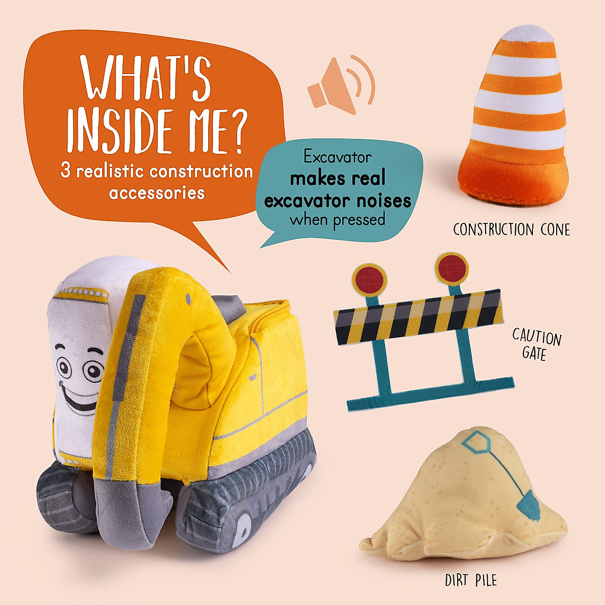 Talking Excavator Plush Toy Set | Includes 3 Construction Items | Plush Construction Stuffed Toy | Excavator Toy Truck | Plush Stuffed Construction Truck