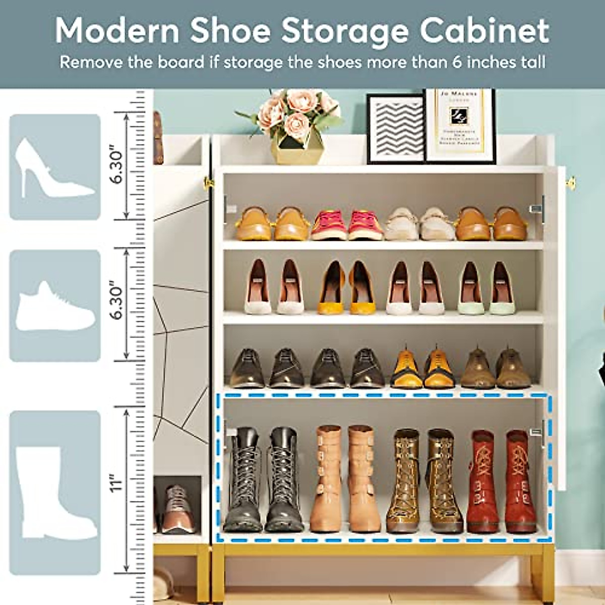 Tribesigns Shoe Cabinet with Doors, White Gold 6-Tiers Shoe Storage Cabinet for Entryway, Modern Free Standing Shoe Cabinet Storage Organizer for Living Room, Bedroom,Closet